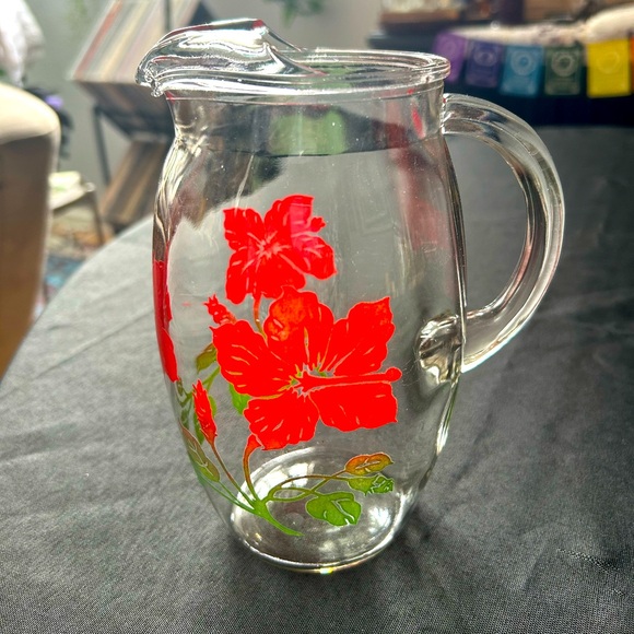 Anchor Hocking | Dining | Vintage Mcm Glass Pitcher Red Hibiscus Design ...